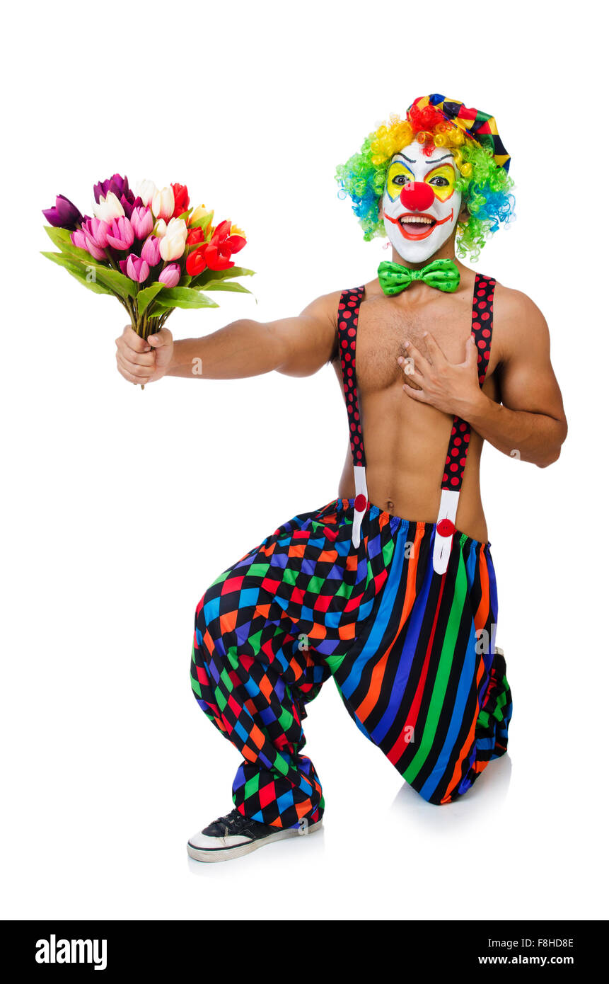 Clown with flowers on white Stock Photo - Alamy