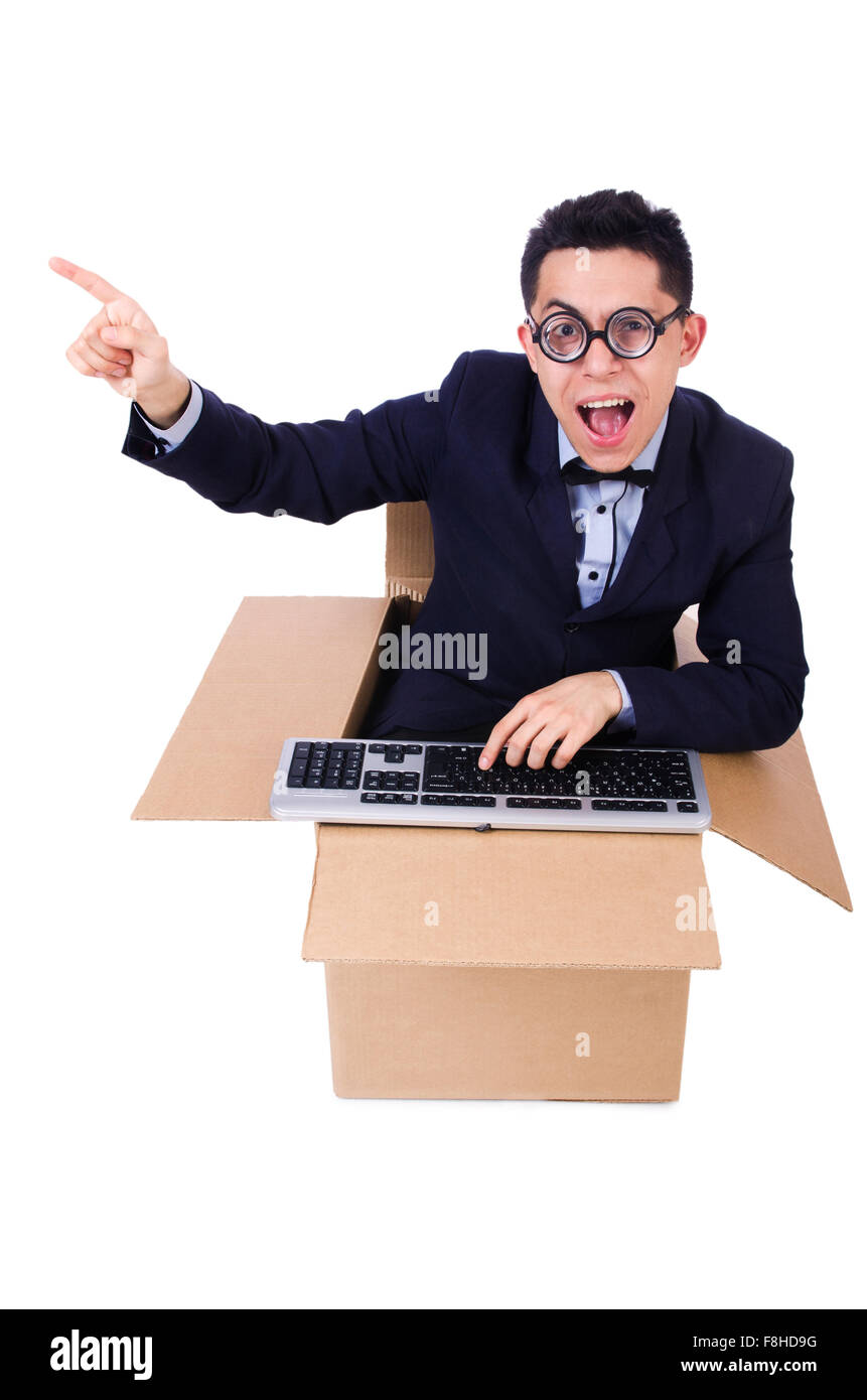 Funny computer geek sitting in the box Stock Photo - Alamy