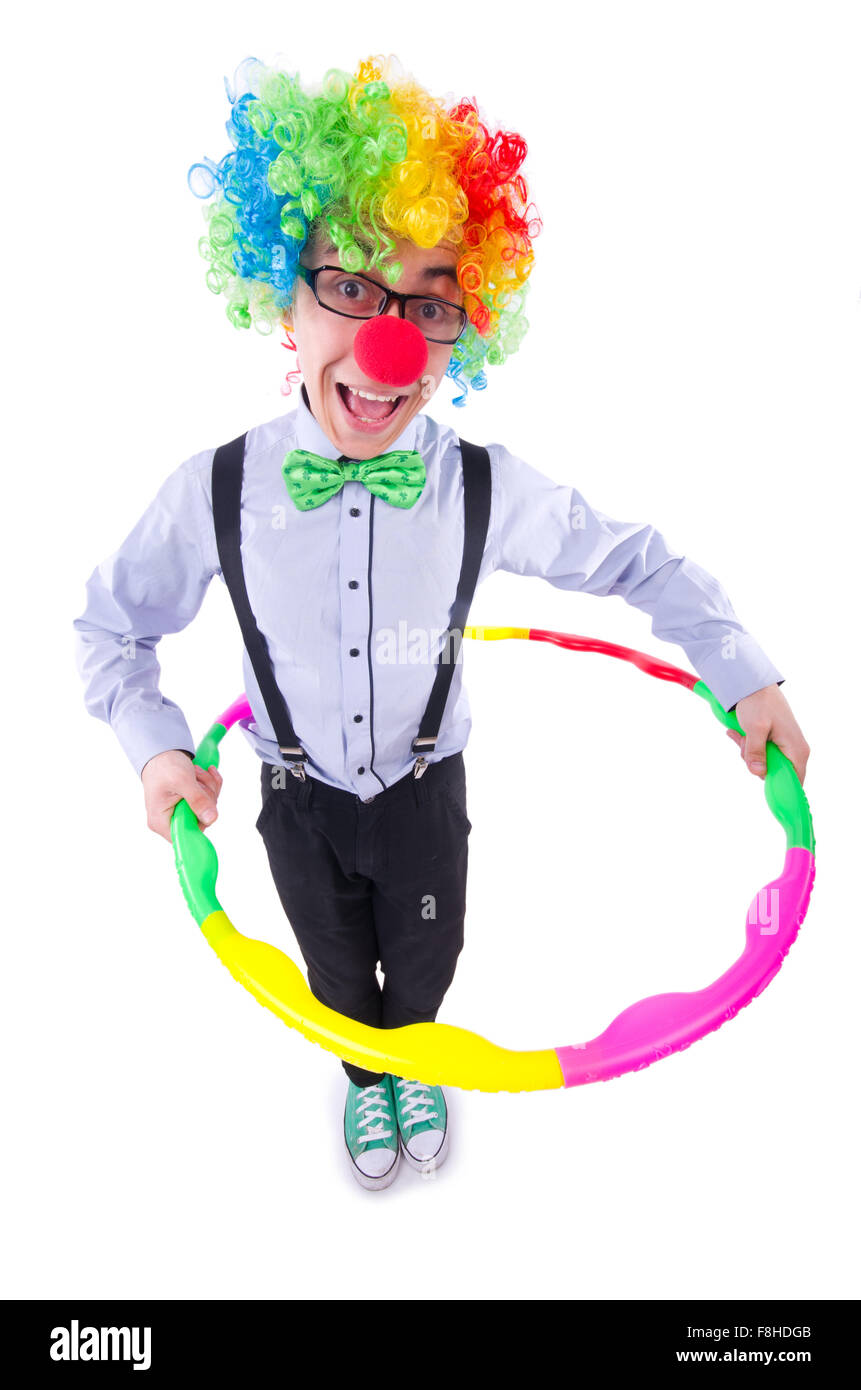 Funny clown with hula hoop on white Stock Photo - Alamy