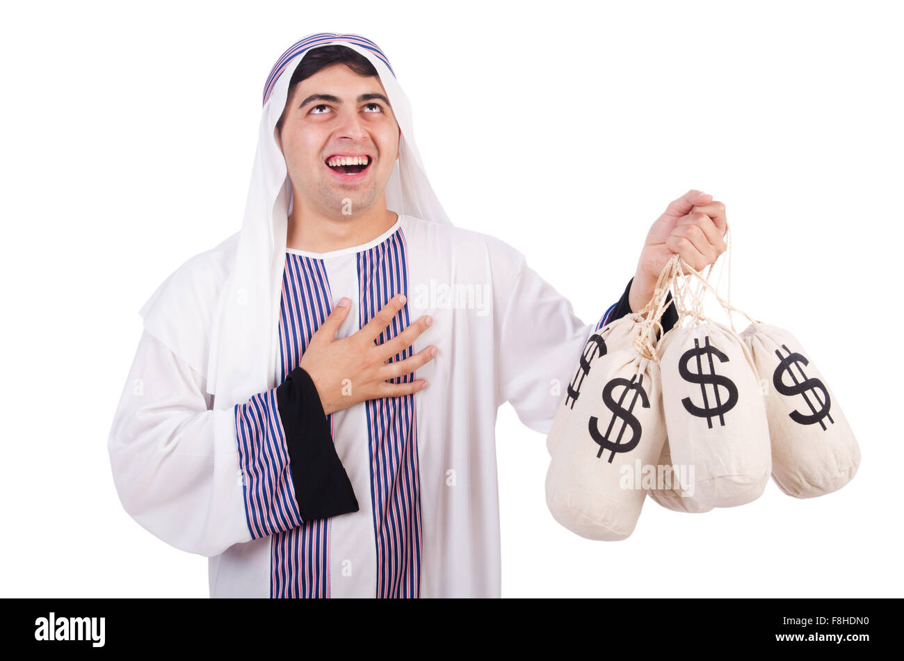 Arab man with money sacks isolated on white Stock Photo - Alamy