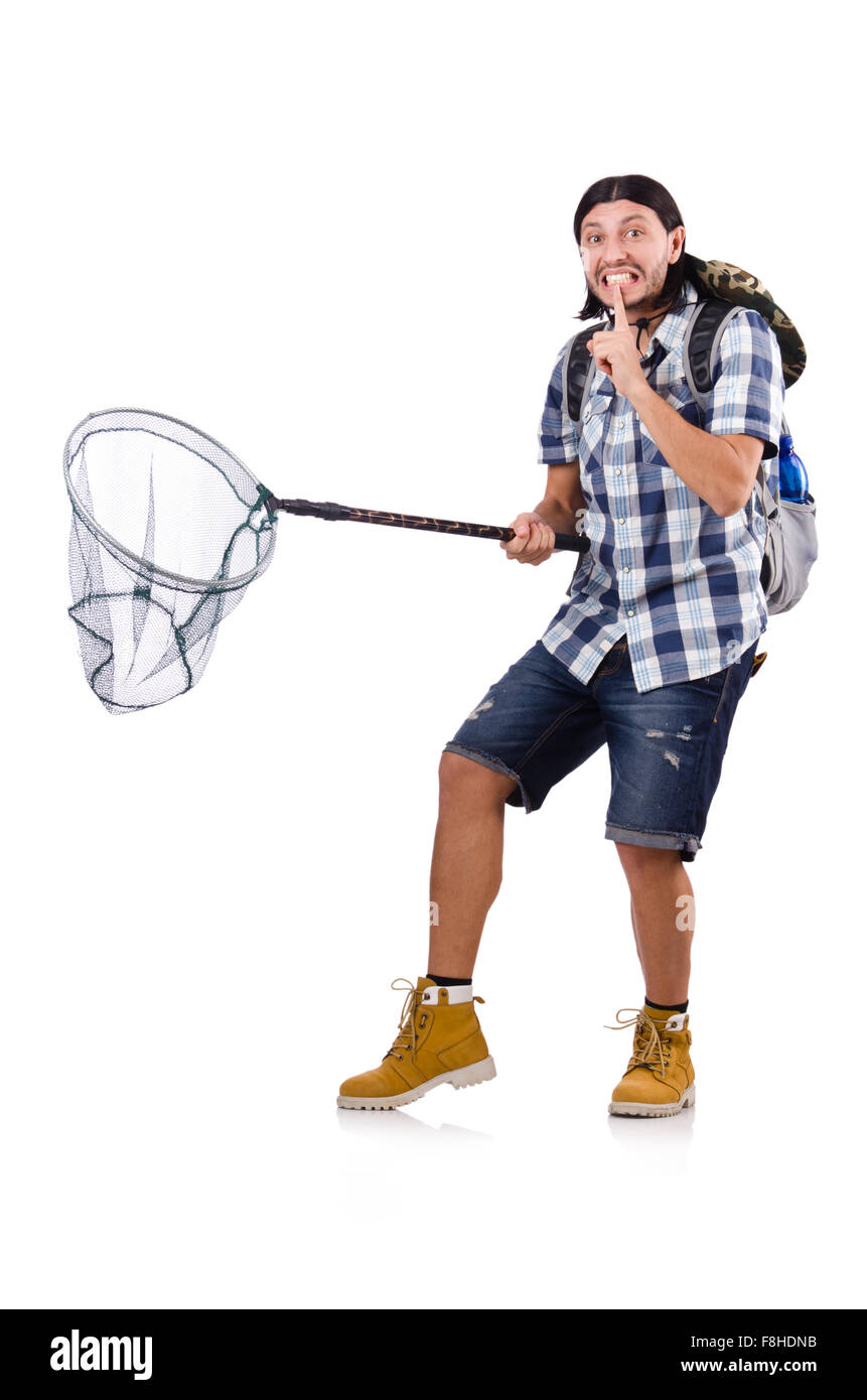 Man with big catching net isolated on white Stock Photo - Alamy