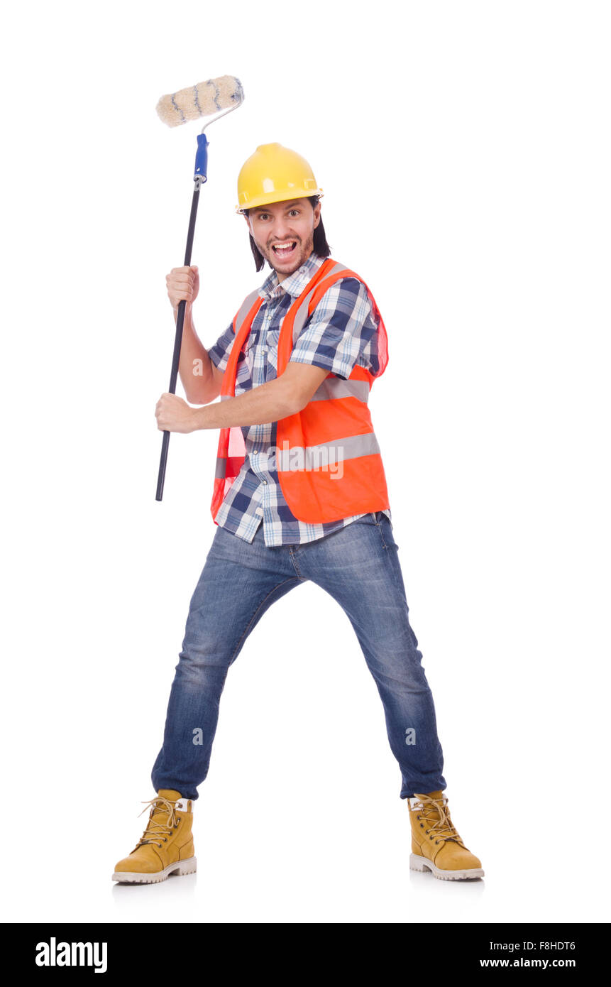 Painter with roller isolated on the white Stock Photo - Alamy
