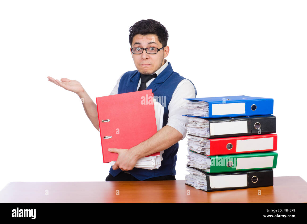 Funny man with lots of folders on white Stock Photo - Alamy