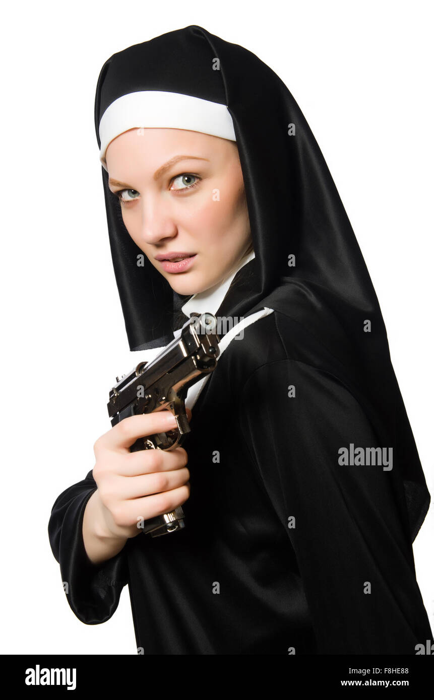 Nun with handgun isolated on white Stock Photo - Alamy