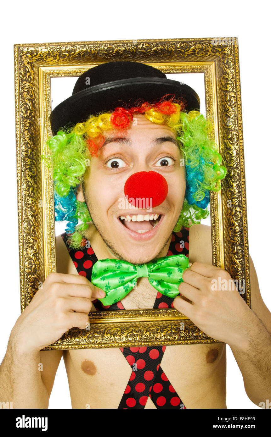 Clown with picture frame isolated on white Stock Photo - Alamy