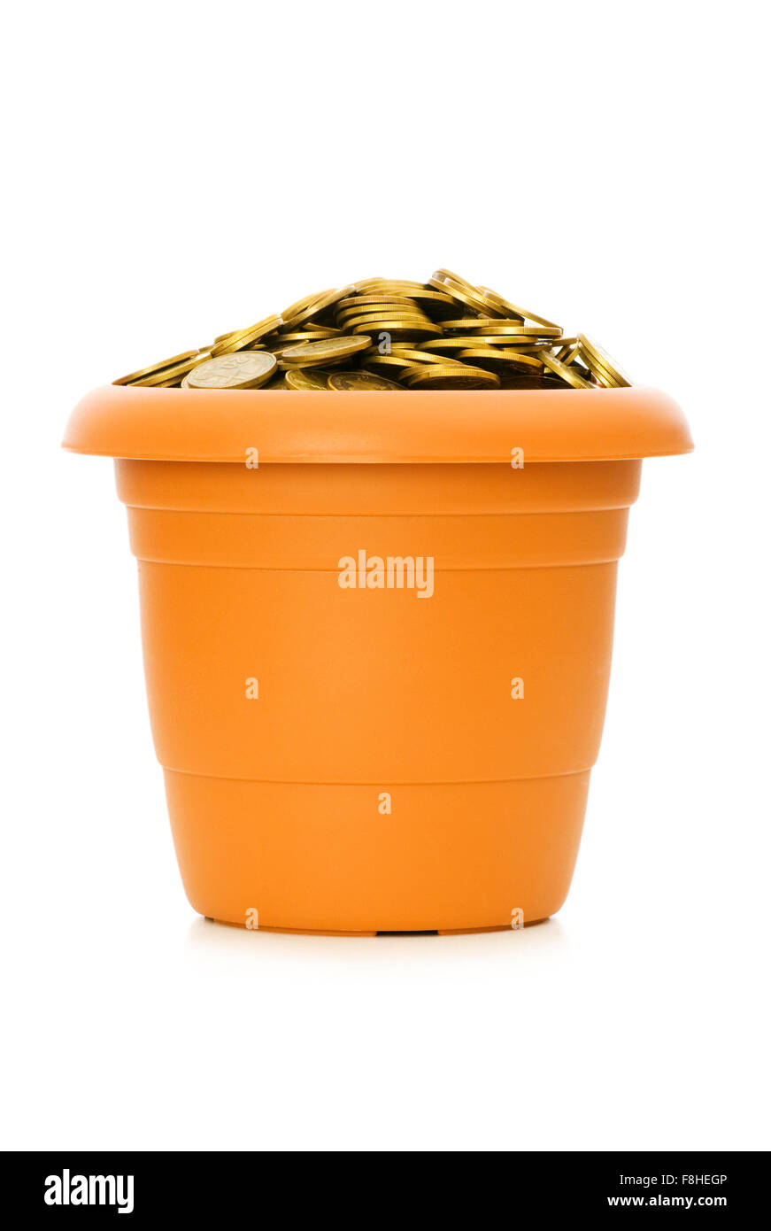 Many coins in the clay pot on white Stock Photo - Alamy