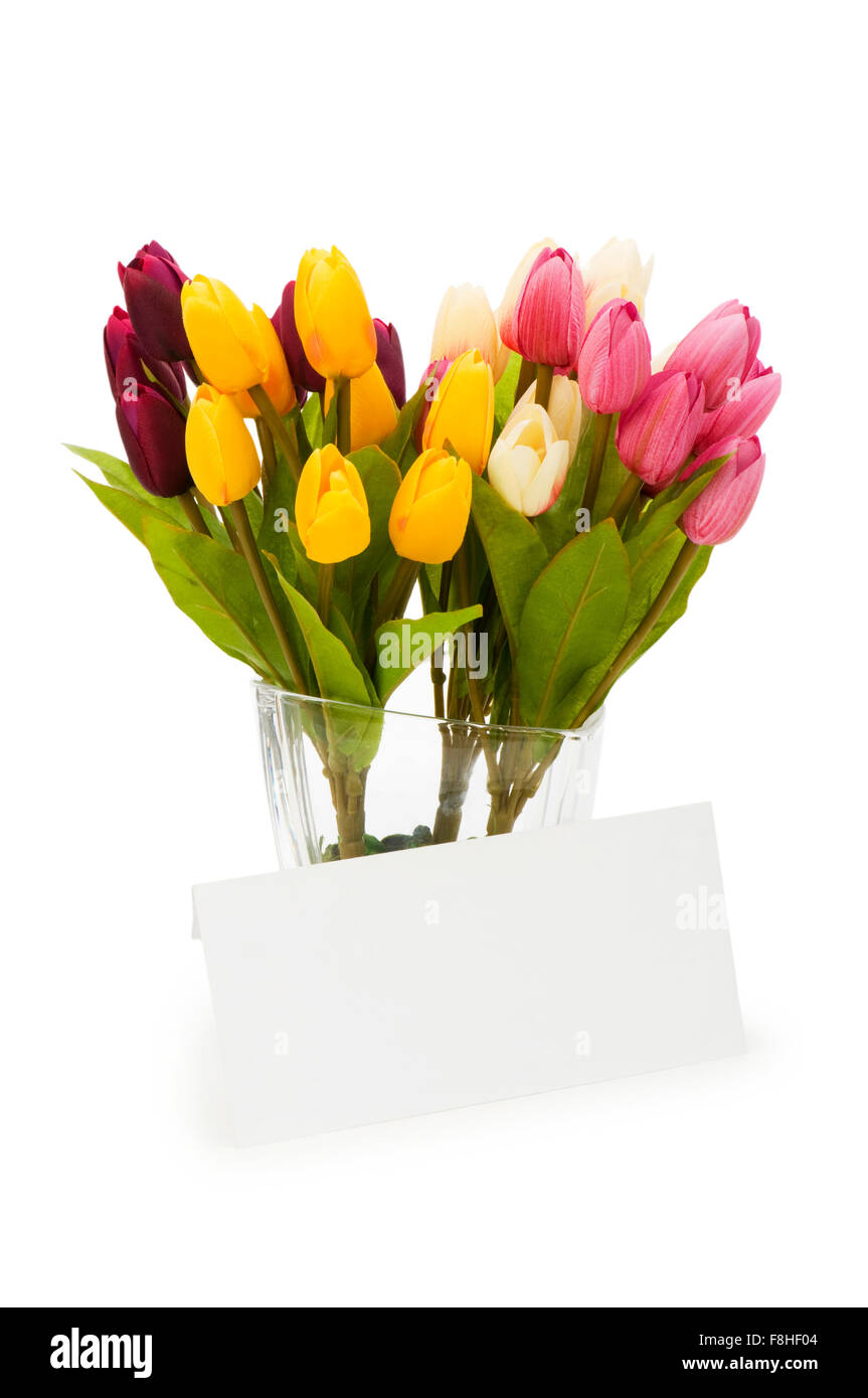 Tulips and blank message isolated on white Stock Photo - Alamy
