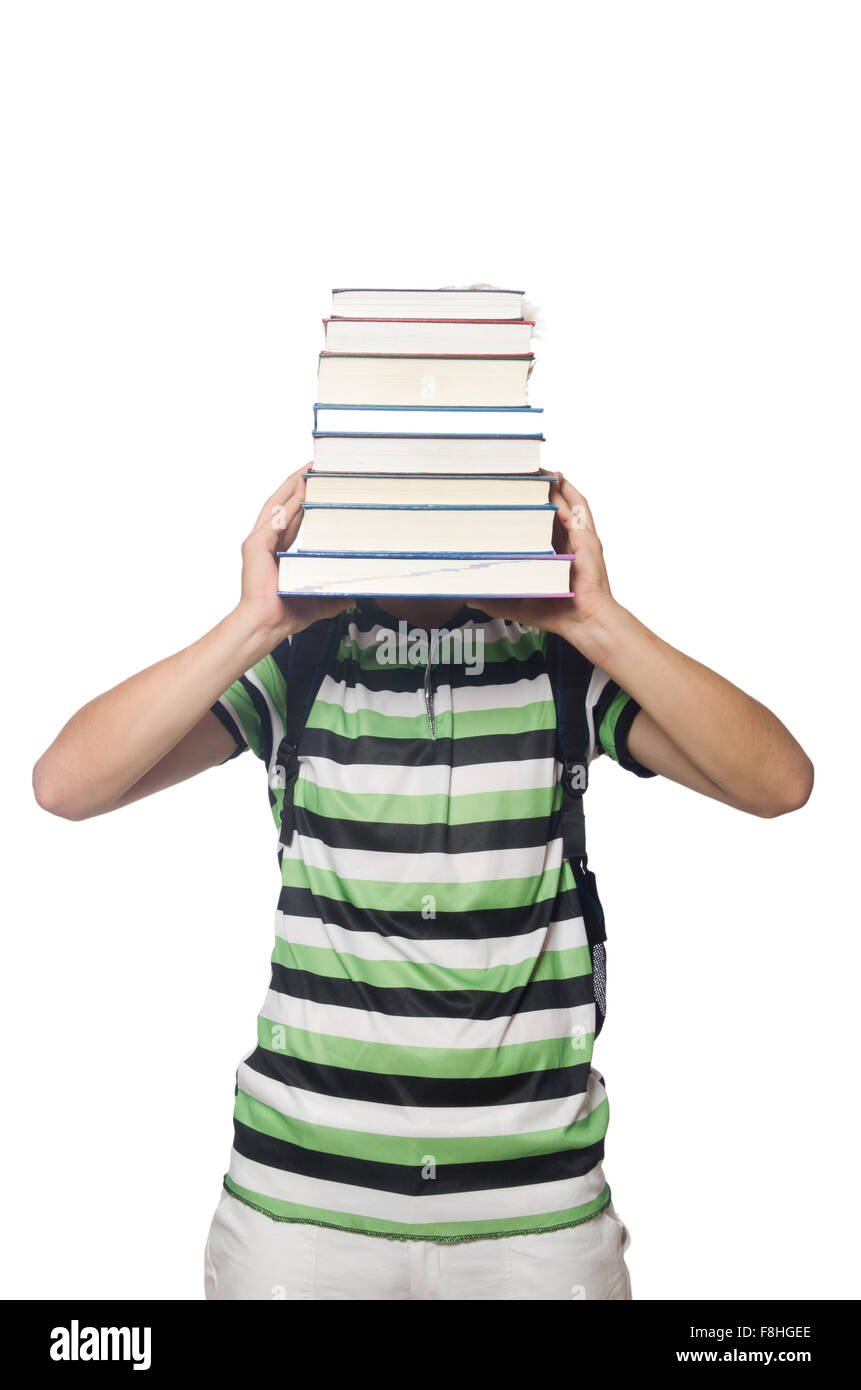 Funny student with stack of books Stock Photo - Alamy