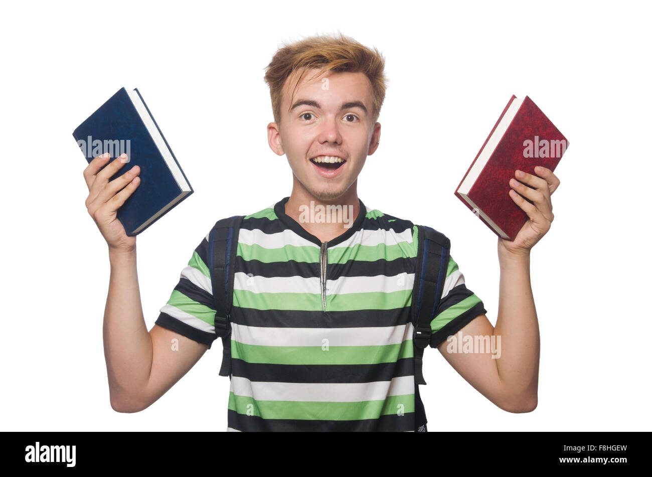 Funny student with stack of books Stock Photo - Alamy