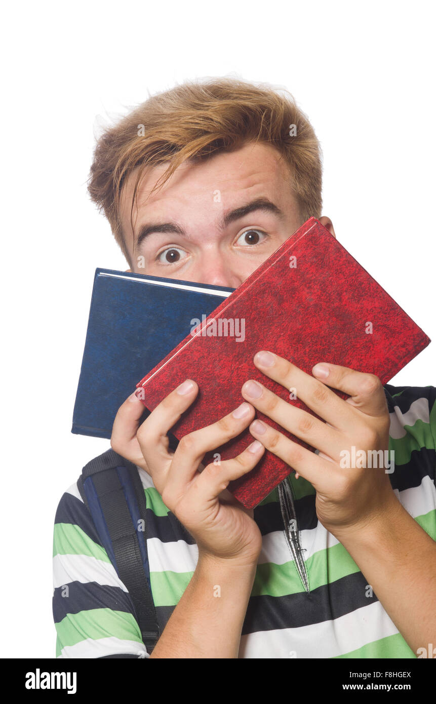 Funny student with stack of books Stock Photo - Alamy