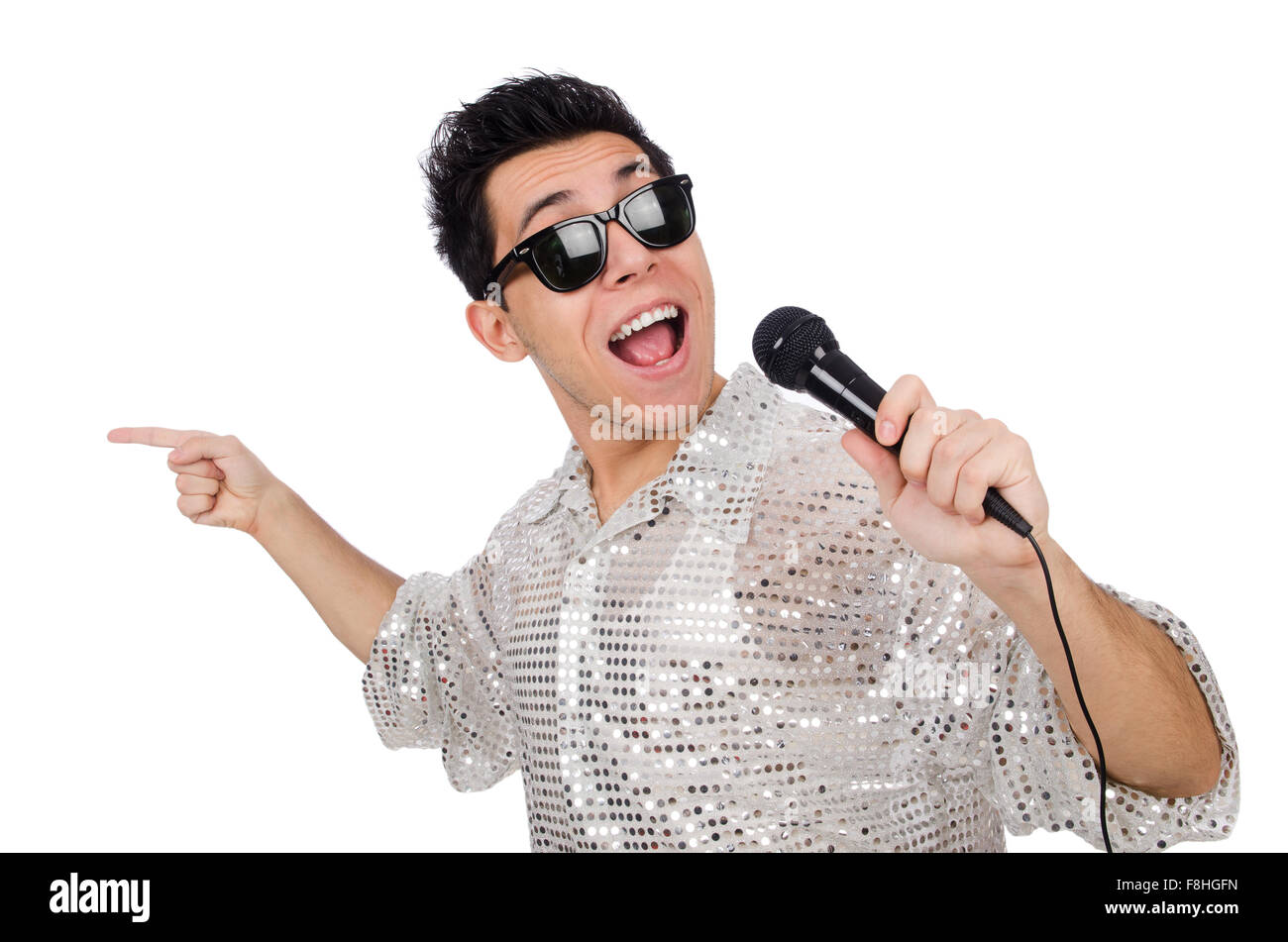 Man with mic isolated on white Stock Photo - Alamy