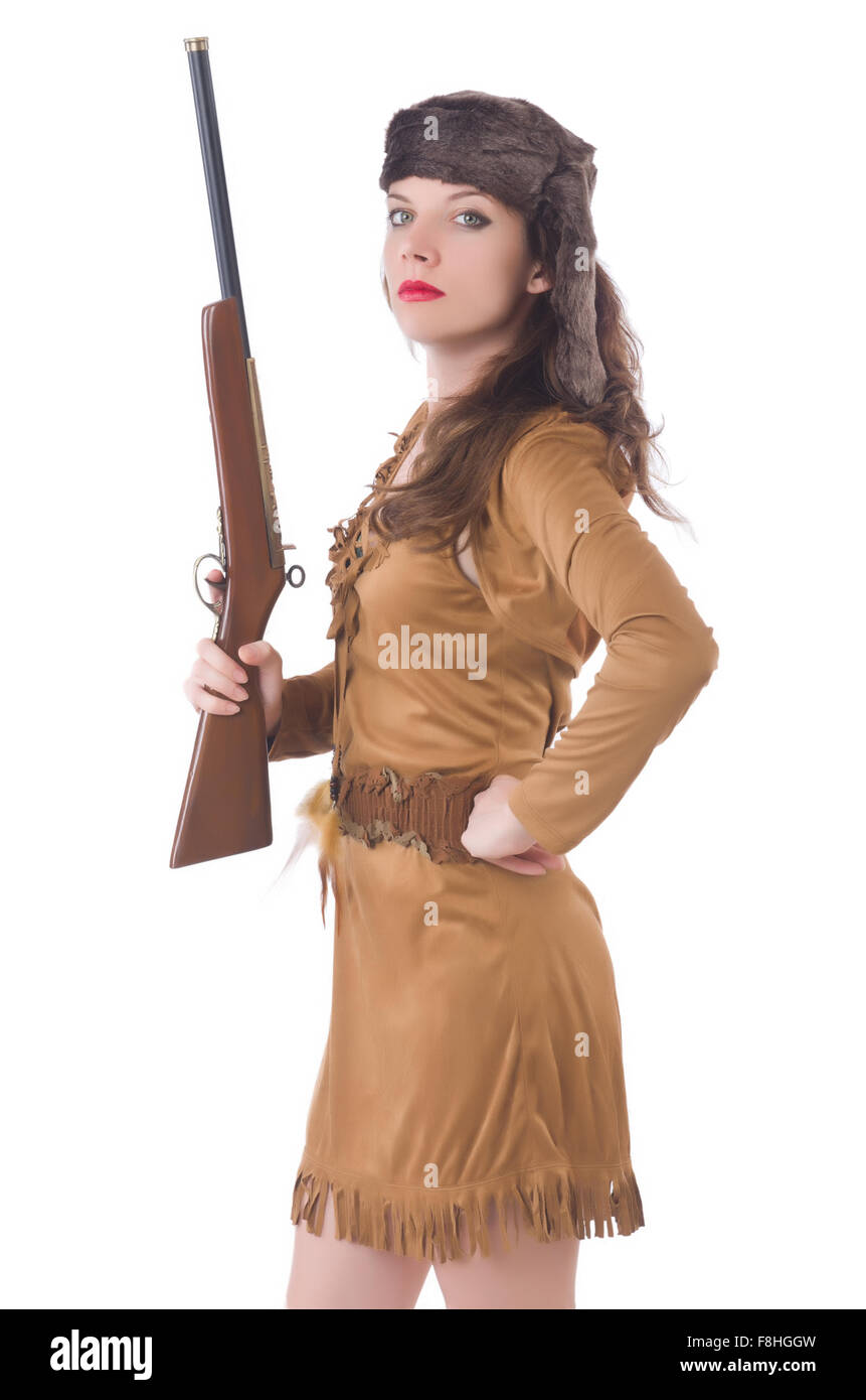Woman with gun isolated on white Stock Photo - Alamy