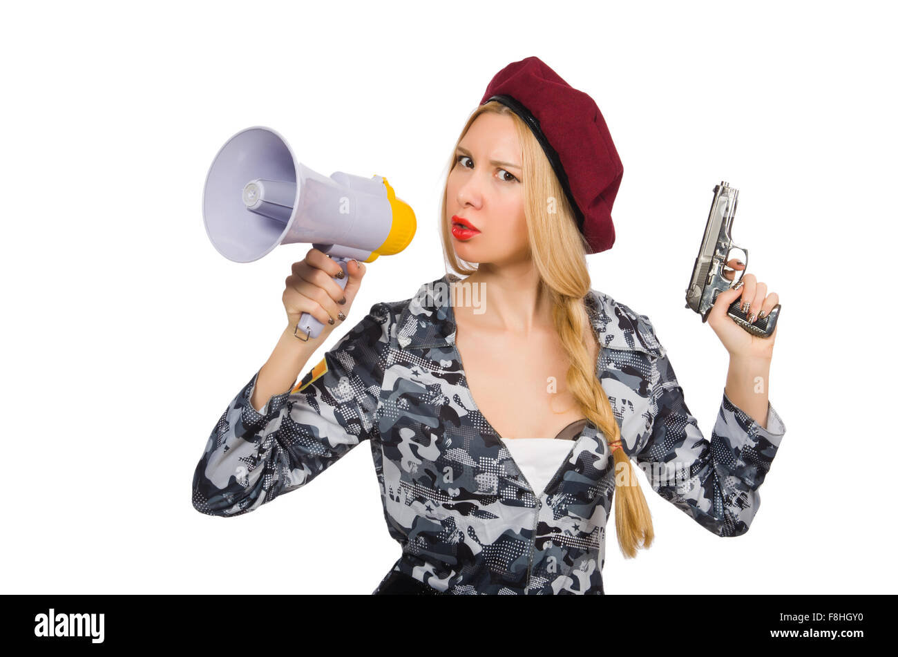 Woman soldier with gun and loudspeaker isolated on white Stock Photo ...