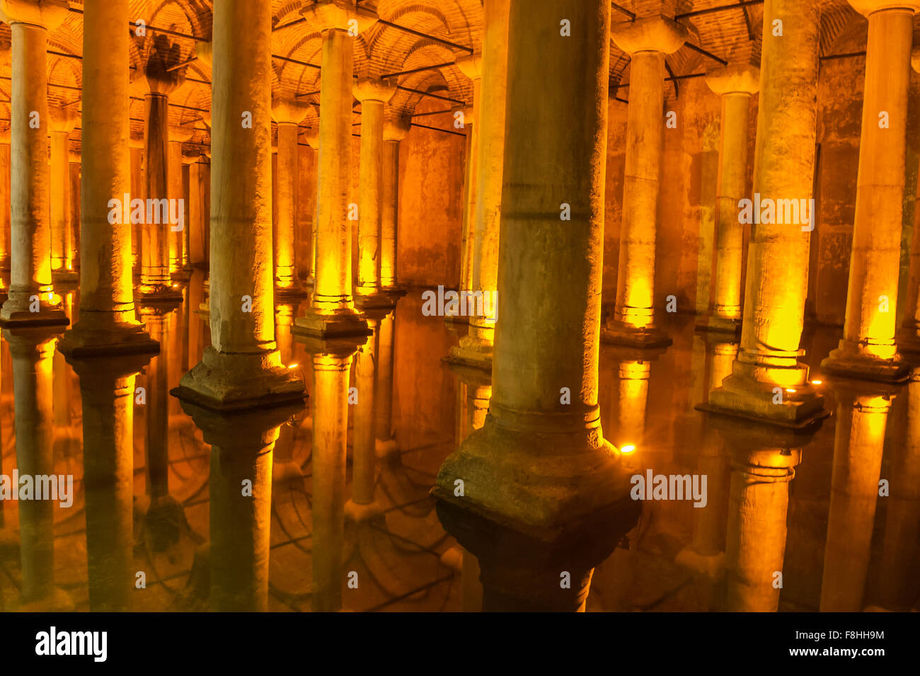 Old Roman stone columns underground in the historical Basilica Cistern ...