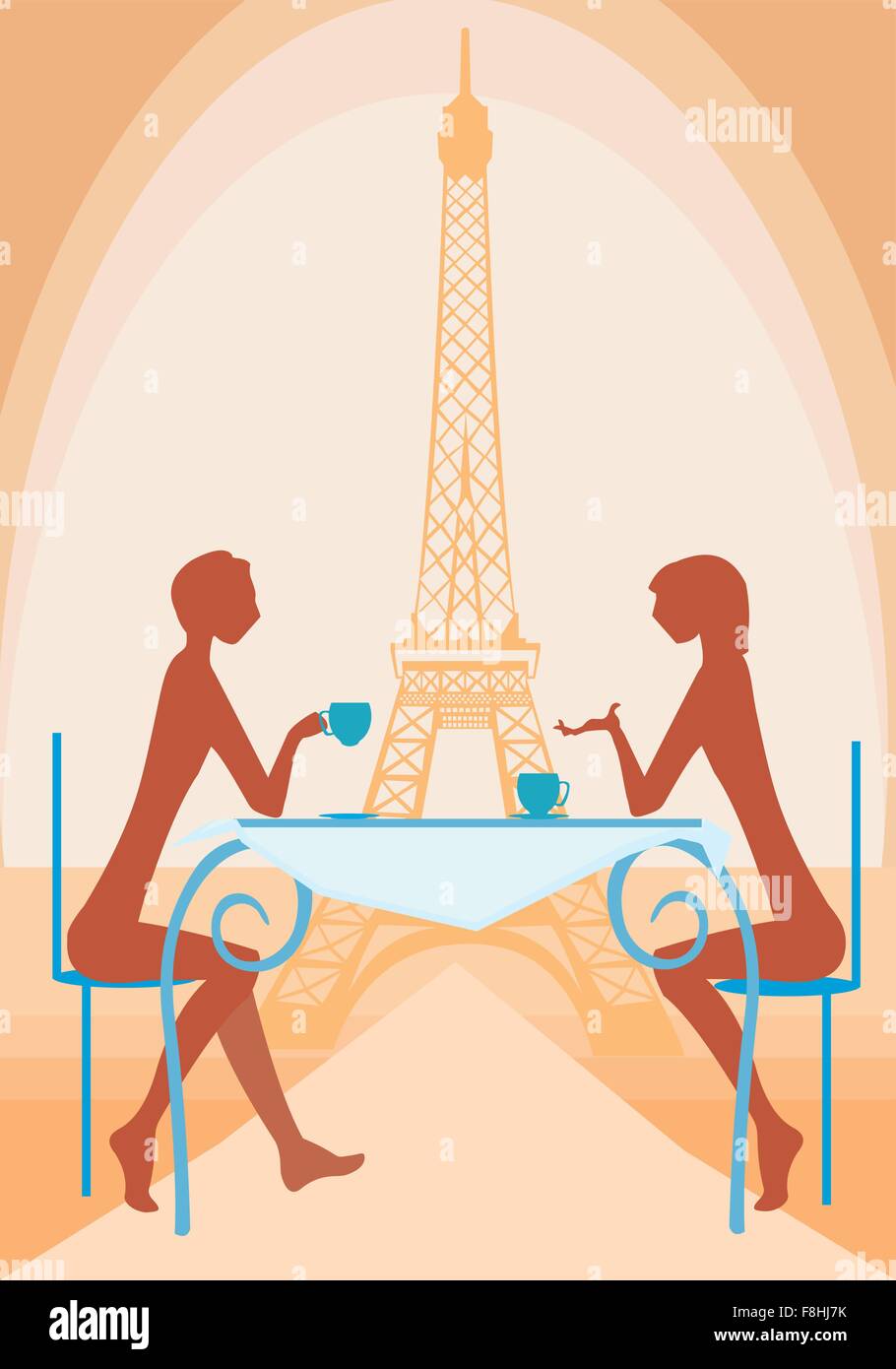 vector image of women drinking coffee in cafe in Paris near Eiffel ...