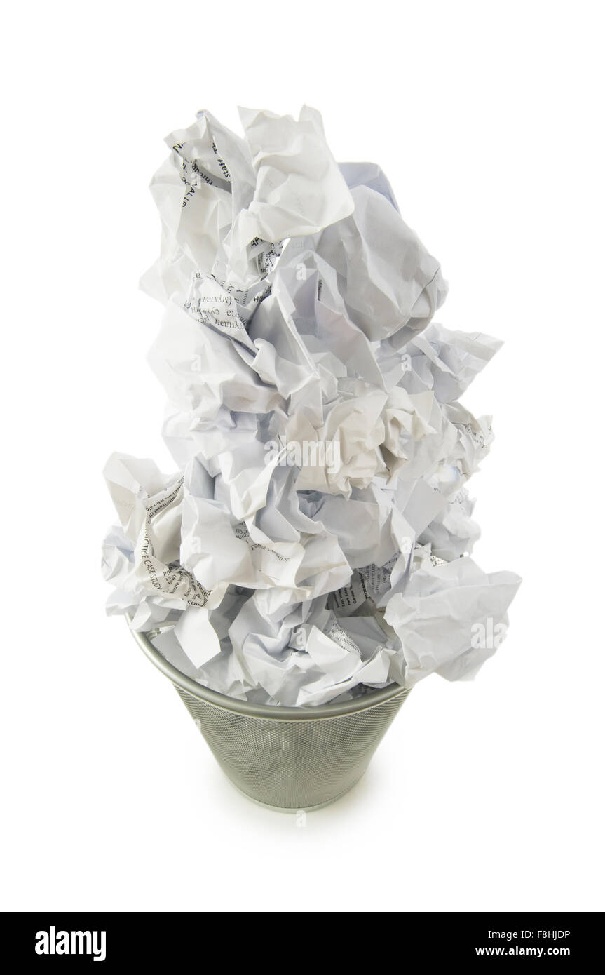 Garbage bin with paper waste isolated on white Stock Photo - Alamy