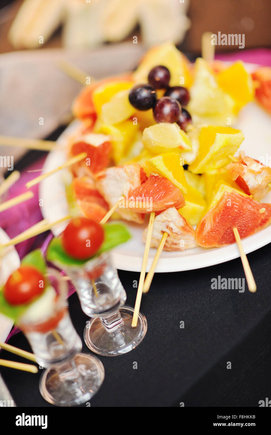 buffed food closeup of fruits, vegetables, meat and fish arranged on ...