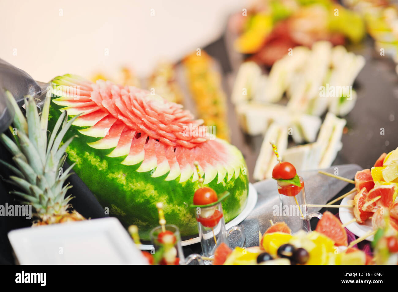 buffed food closeup of fruits, vegetables, meat and fish arranged on ...