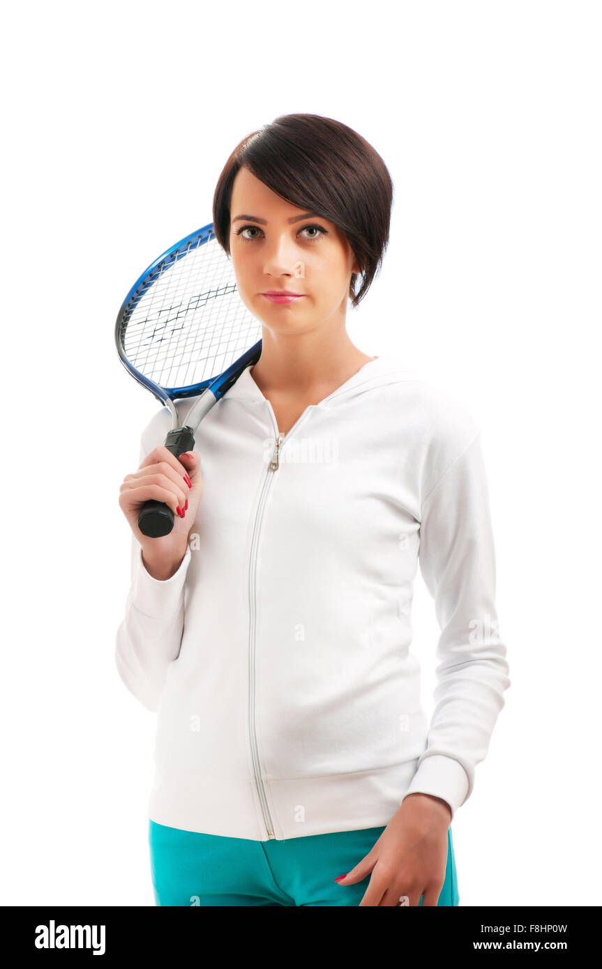Young girl with tennis racket and bal isolated on white Stock Photo - Alamy