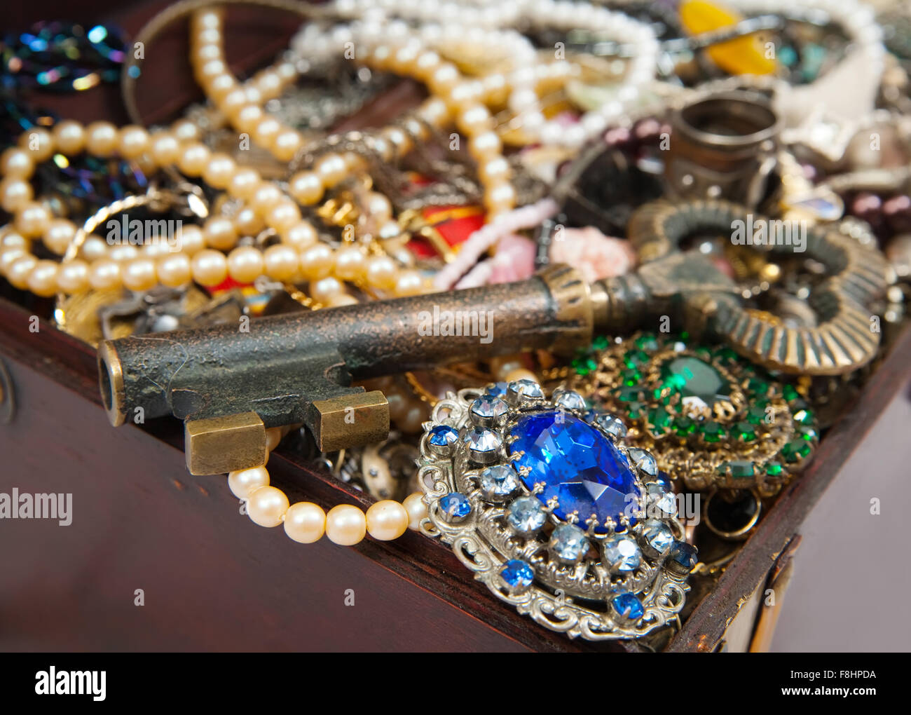 Background of closeup of Treasure chest with valuables and key Stock ...