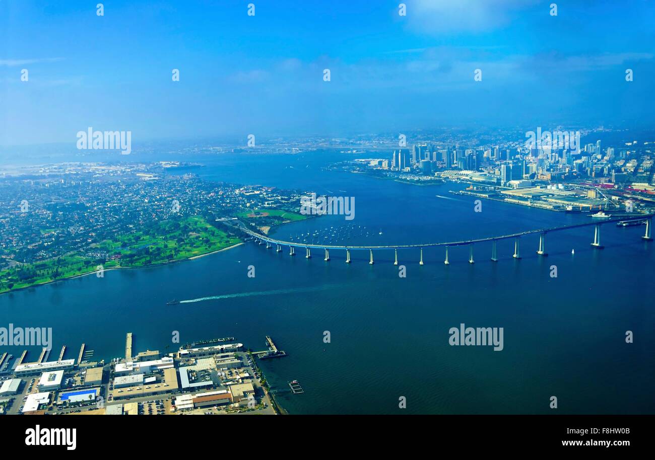 Aerial view of the Coronado island and bridge in the San Diego Bay in ...