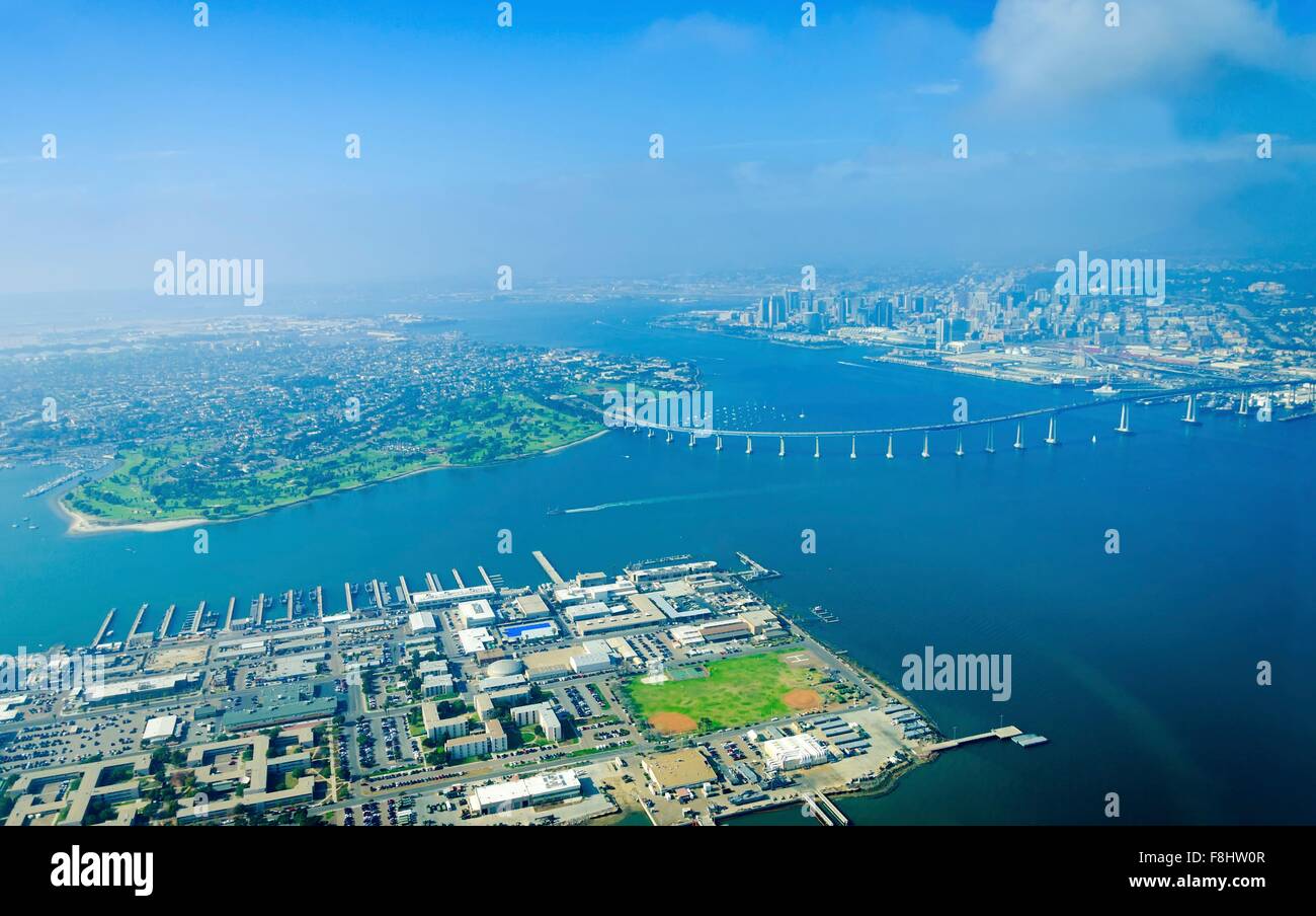 Aerial view of the Coronado island and bridge in the San Diego Bay in ...