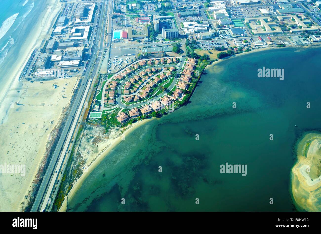 Aerial view of the Coronado island in the San Diego Bay, the silver ...