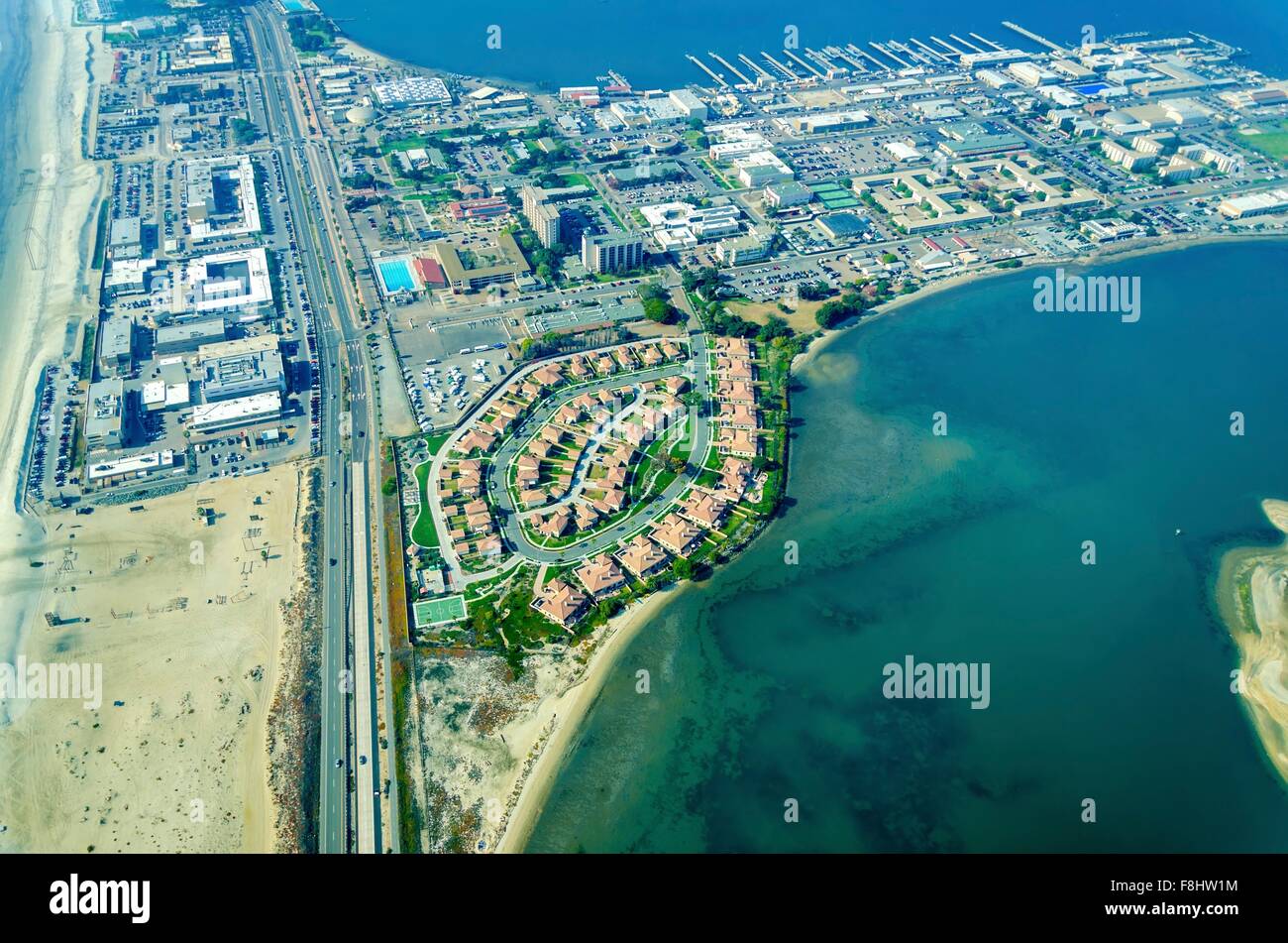 Aerial view of the Coronado island in the San Diego Bay, the silver ...