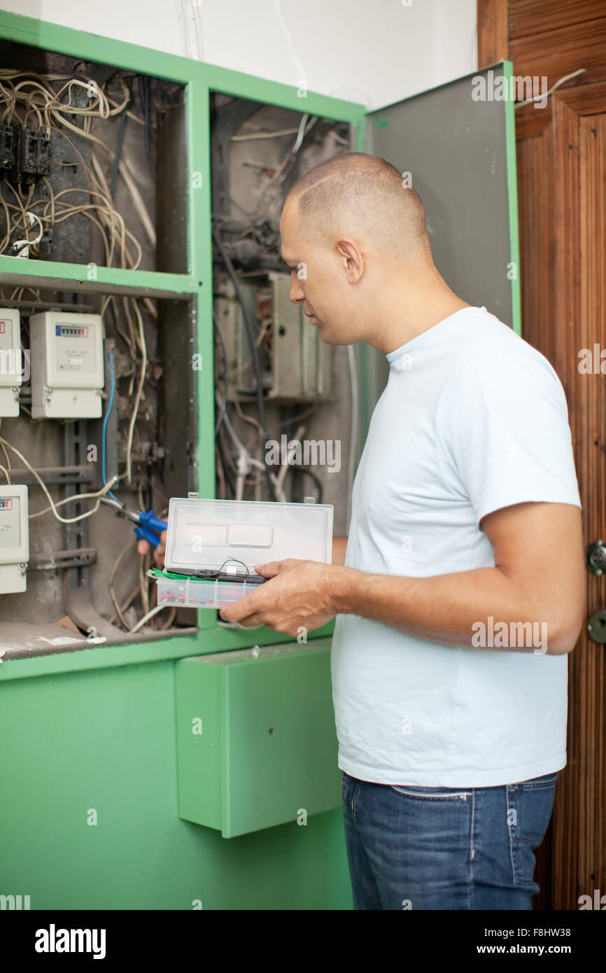 Man working with electric box at house Stock Photo - Alamy