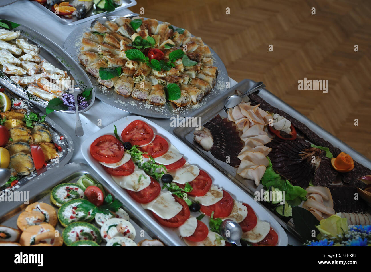 buffet catering food arangement on table Stock Photo - Alamy