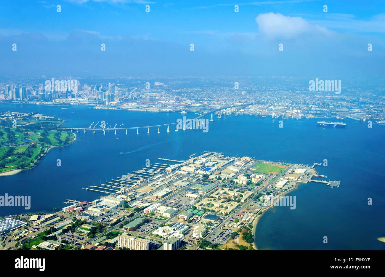 Aerial view of the Coronado island and bridge in the San Diego Bay in ...