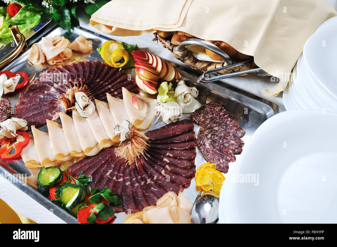 buffet catering food arangement on table Stock Photo - Alamy