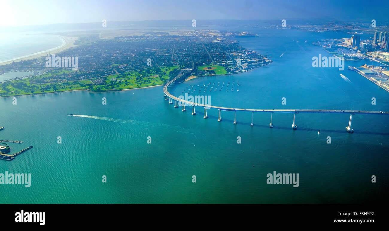 Aerial view of the Coronado island and bridge in the San Diego Bay in ...