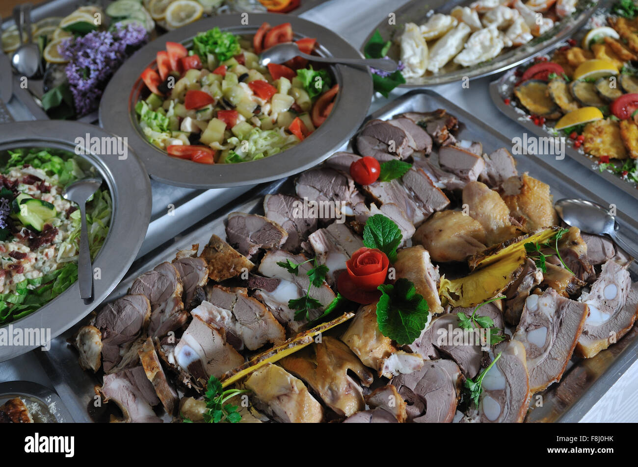 buffet catering food arangement on table Stock Photo - Alamy