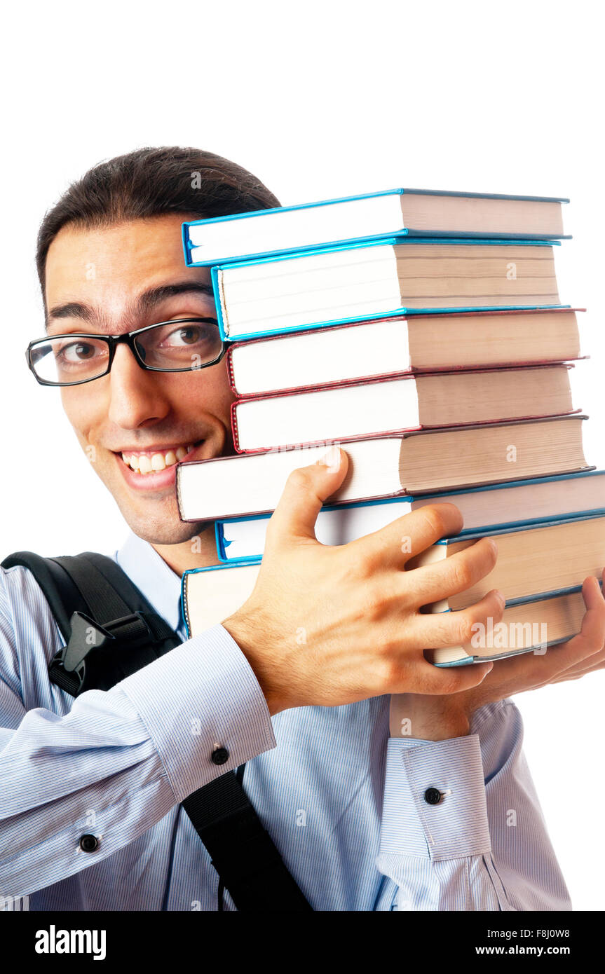 Student with stack of books on white Stock Photo - Alamy