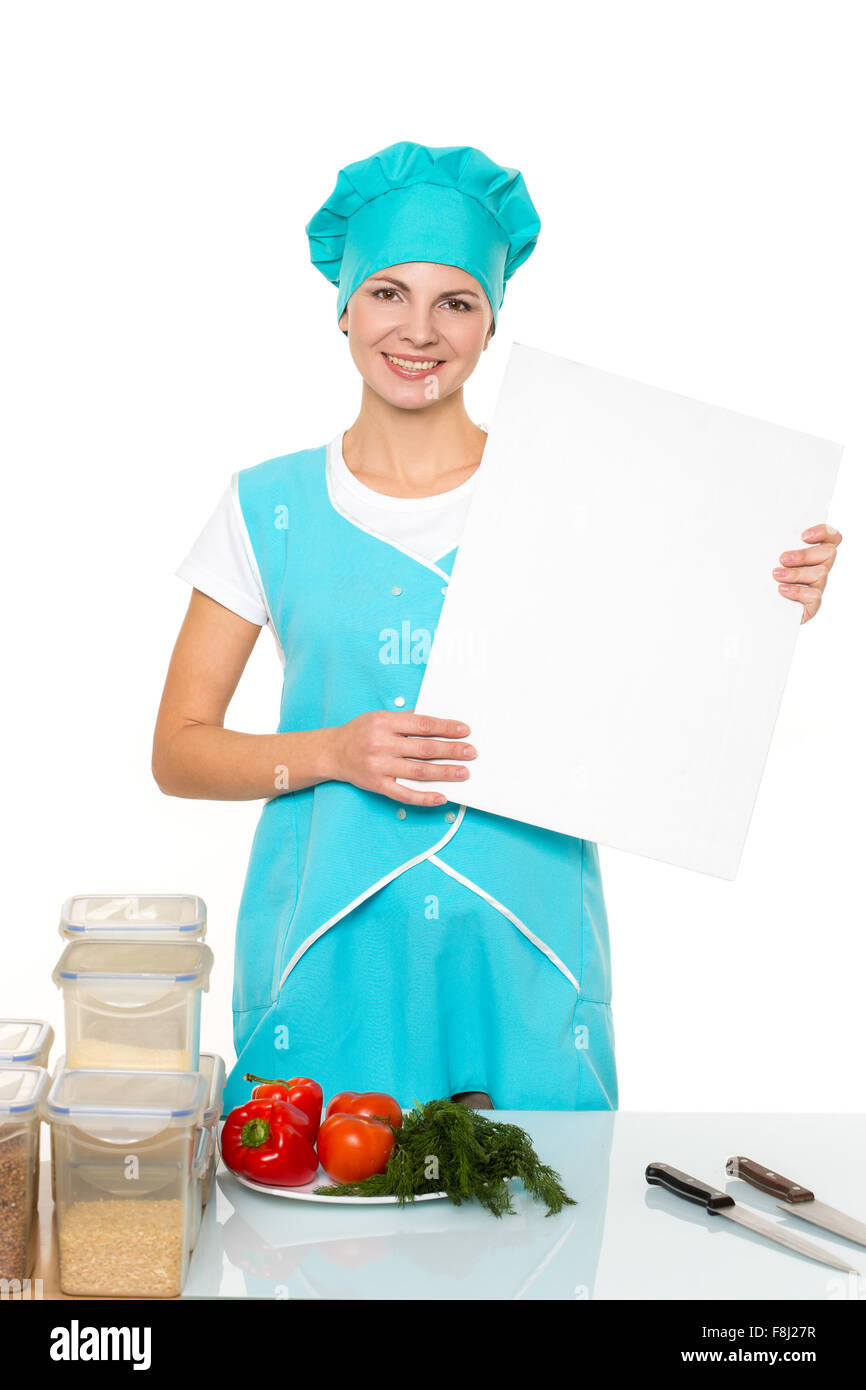 attractive girl chef with a white plate. Isolated. vvery happy Stock ...