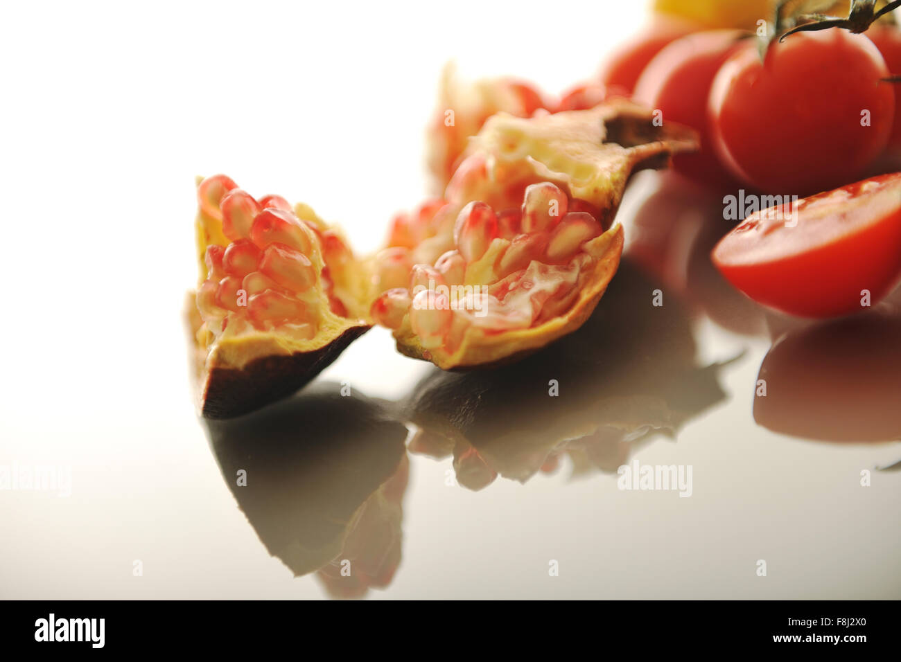 fresh fruits and vegetables isolated on white with glossy surface ...