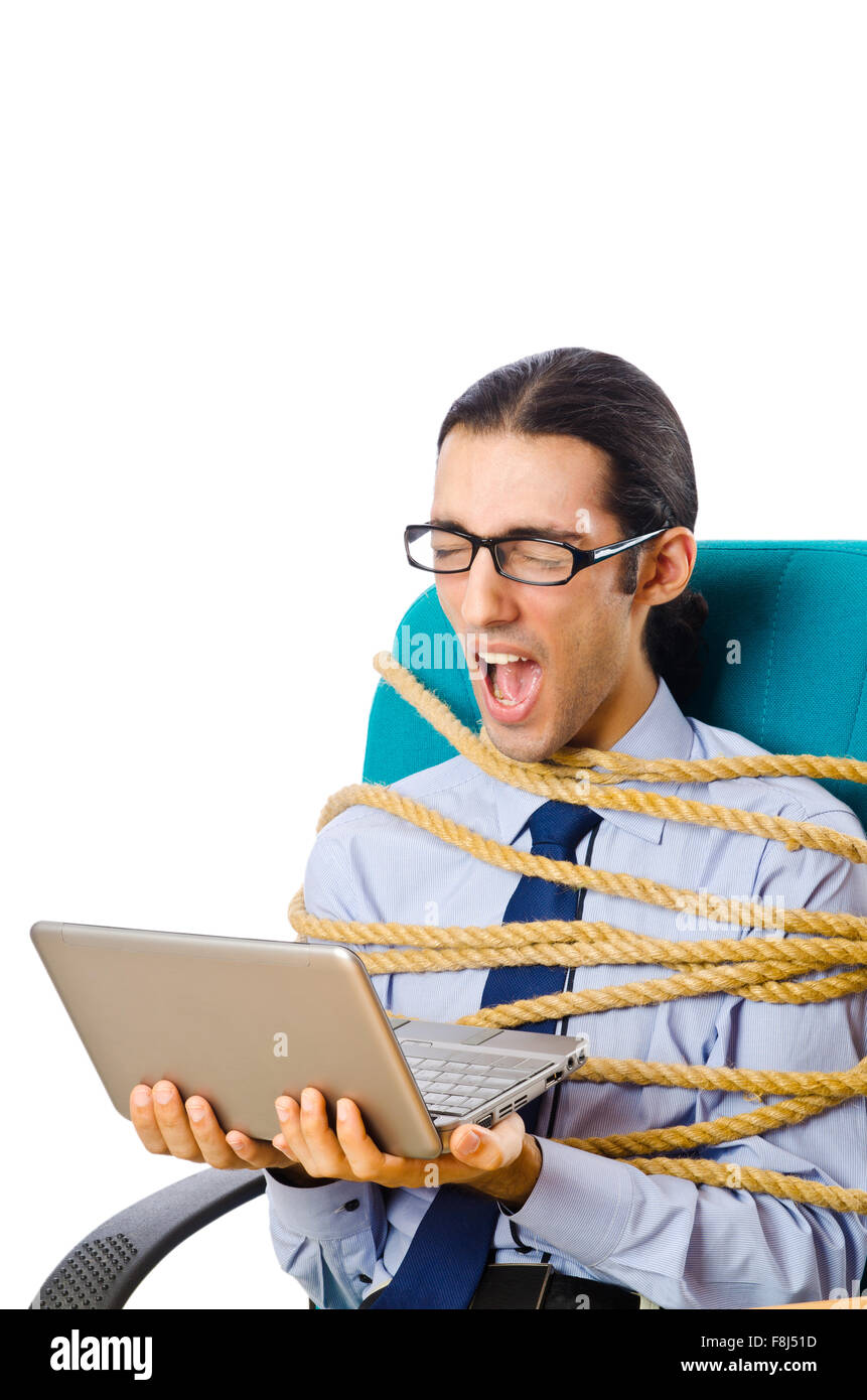 Young businessman tied with rope Stock Photo - Alamy