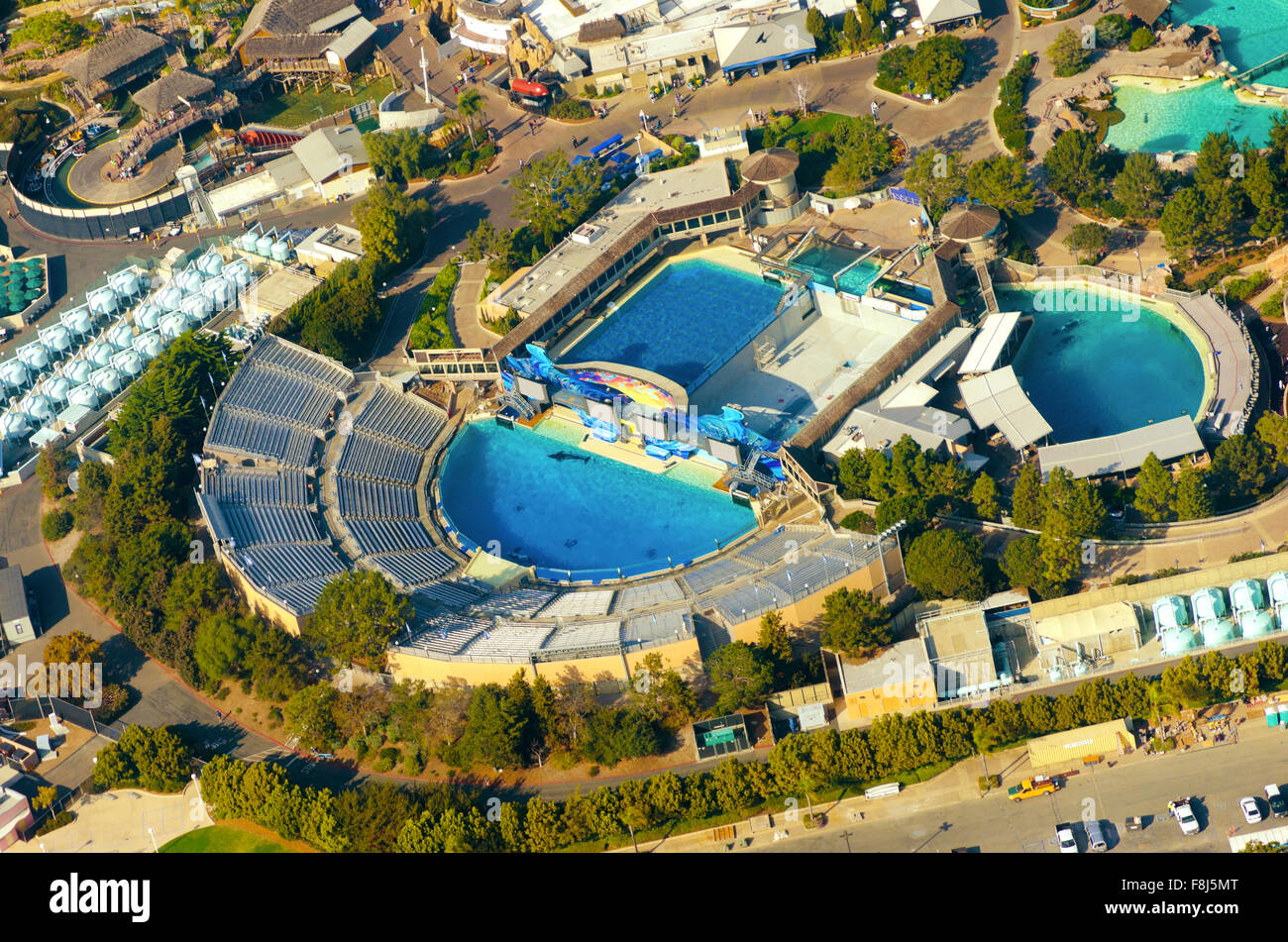 Aerial view of SeaWorld, a marine life theme park in San Diego Bay in ...