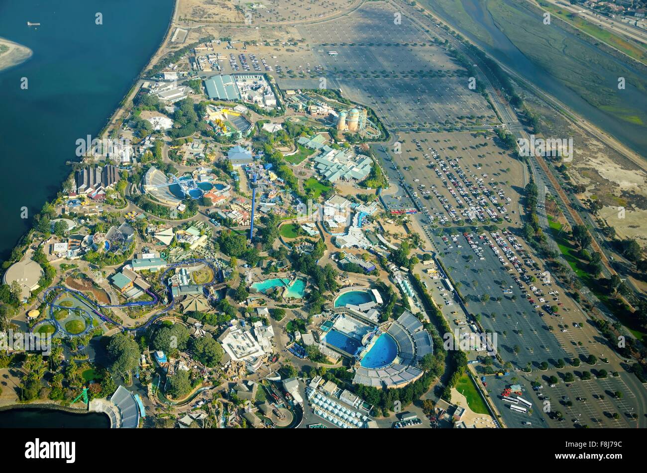 Aerial view of SeaWorld, a marine life theme park in San Diego Bay in ...