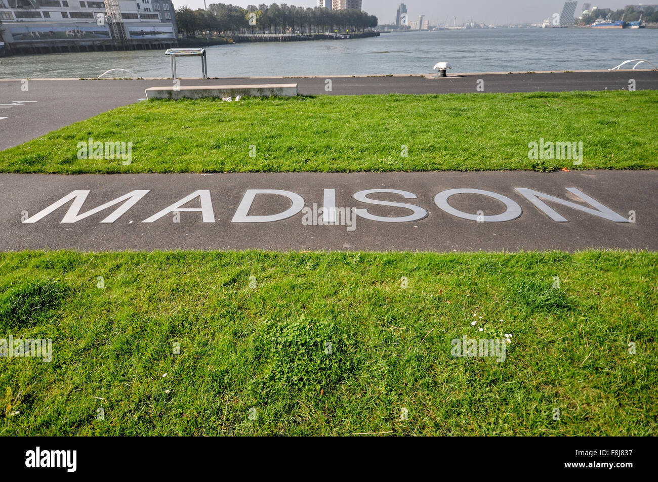 metal lettering MADISON on the pavement on the promenade in front of ...