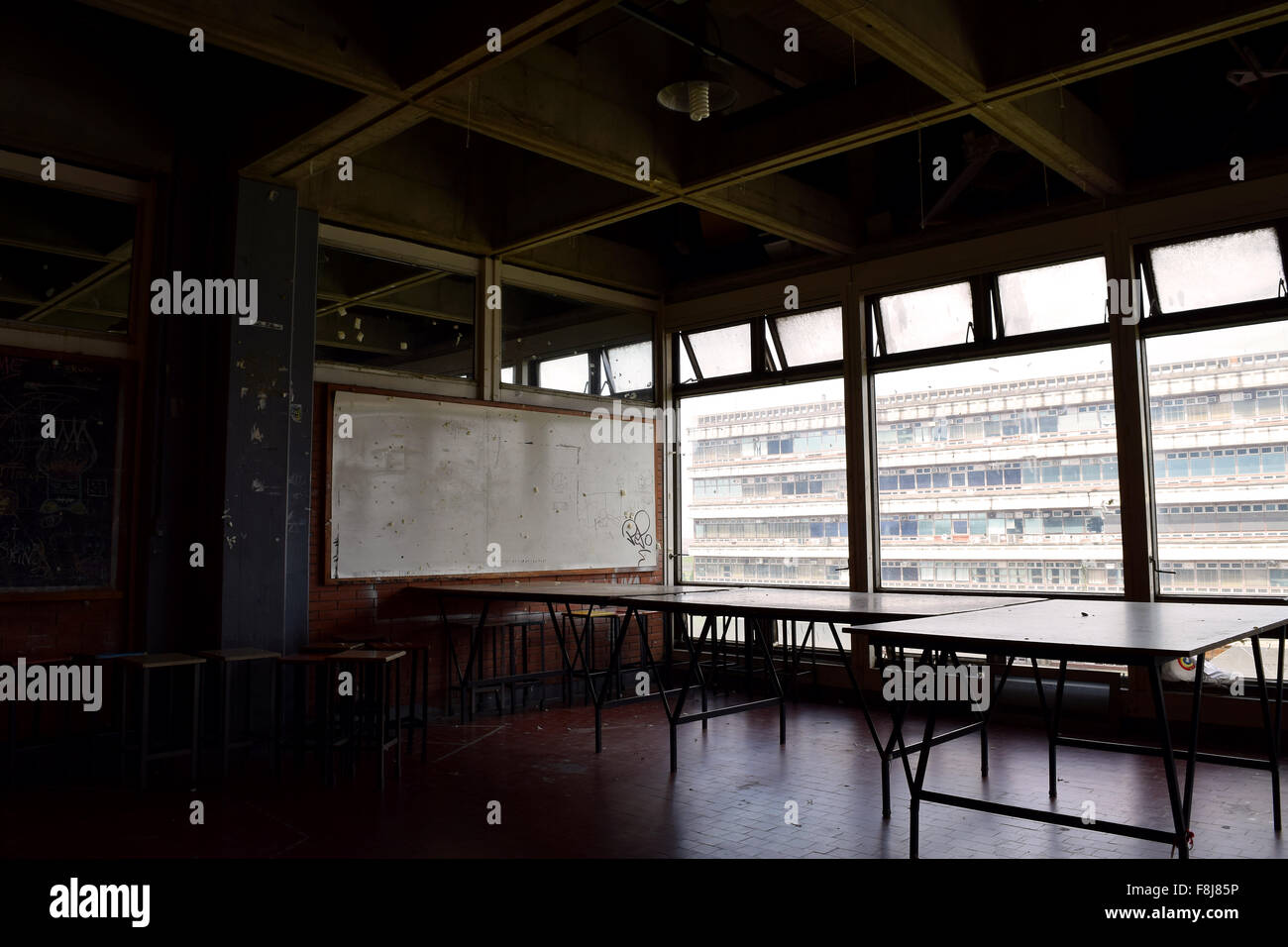 Empty art studio with an old building in the background Stock Photo - Alamy