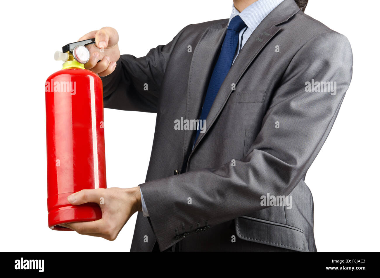 Man with fire extinguisher in firefighting concept Stock Photo - Alamy
