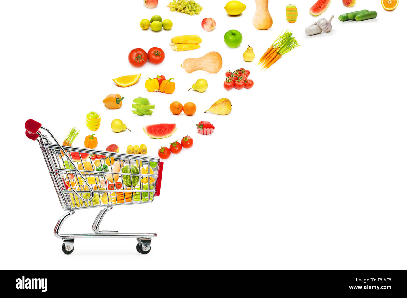 Food products flying out of shopping cart Stock Photo - Alamy