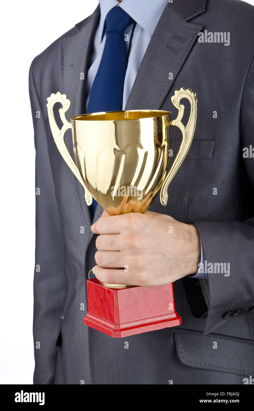 Man being awarded with golden cup Stock Photo - Alamy