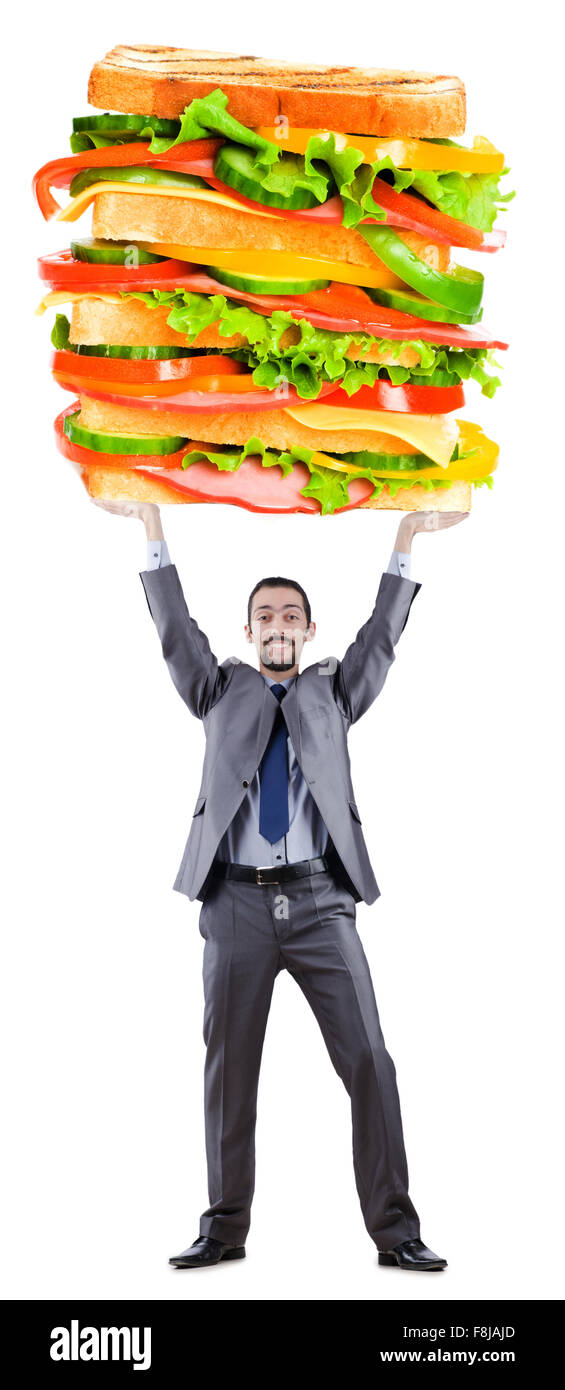 Man and giant sandwich on white Stock Photo - Alamy