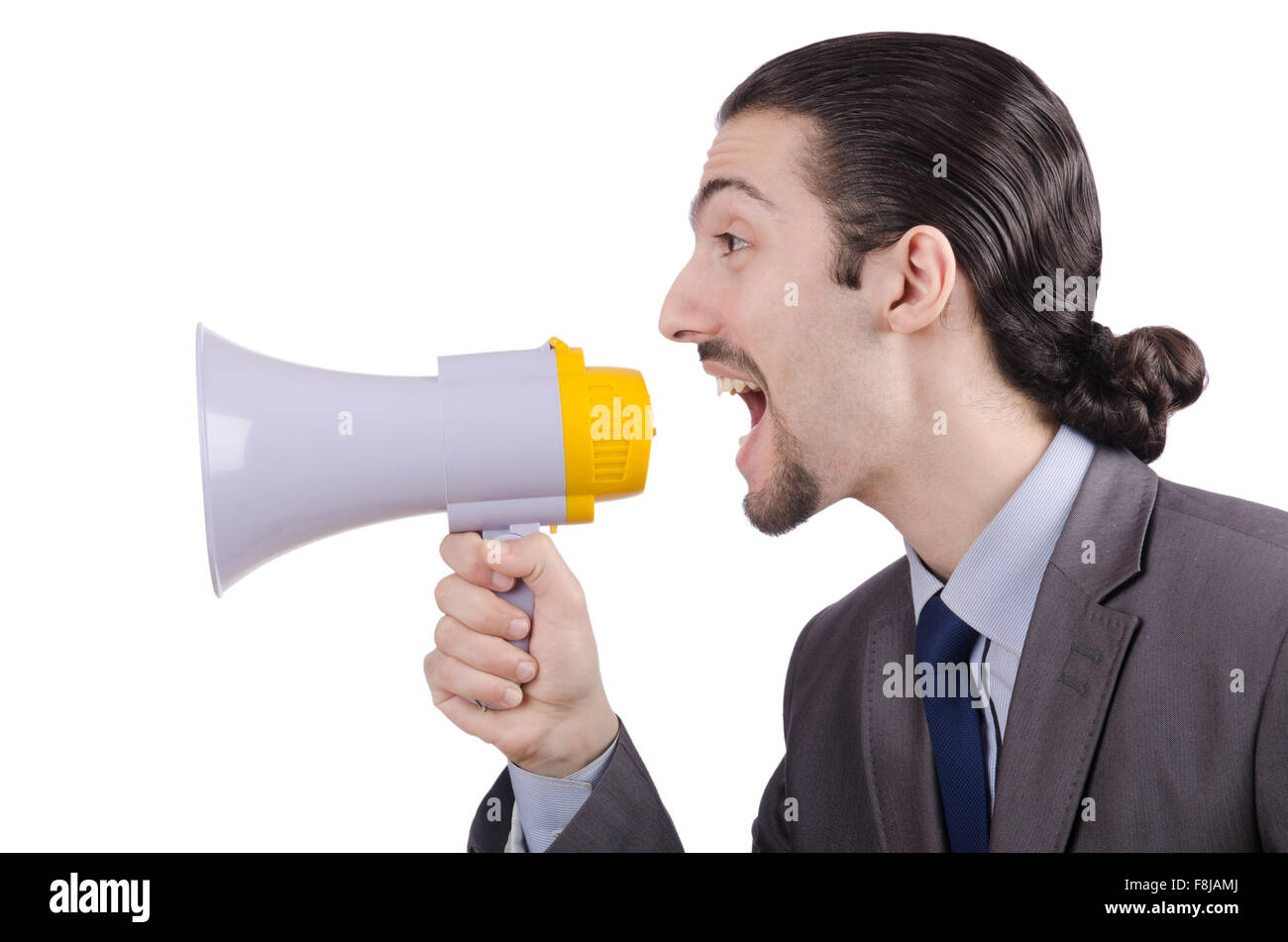 Man shouting and yelling with loudspeaker Stock Photo - Alamy