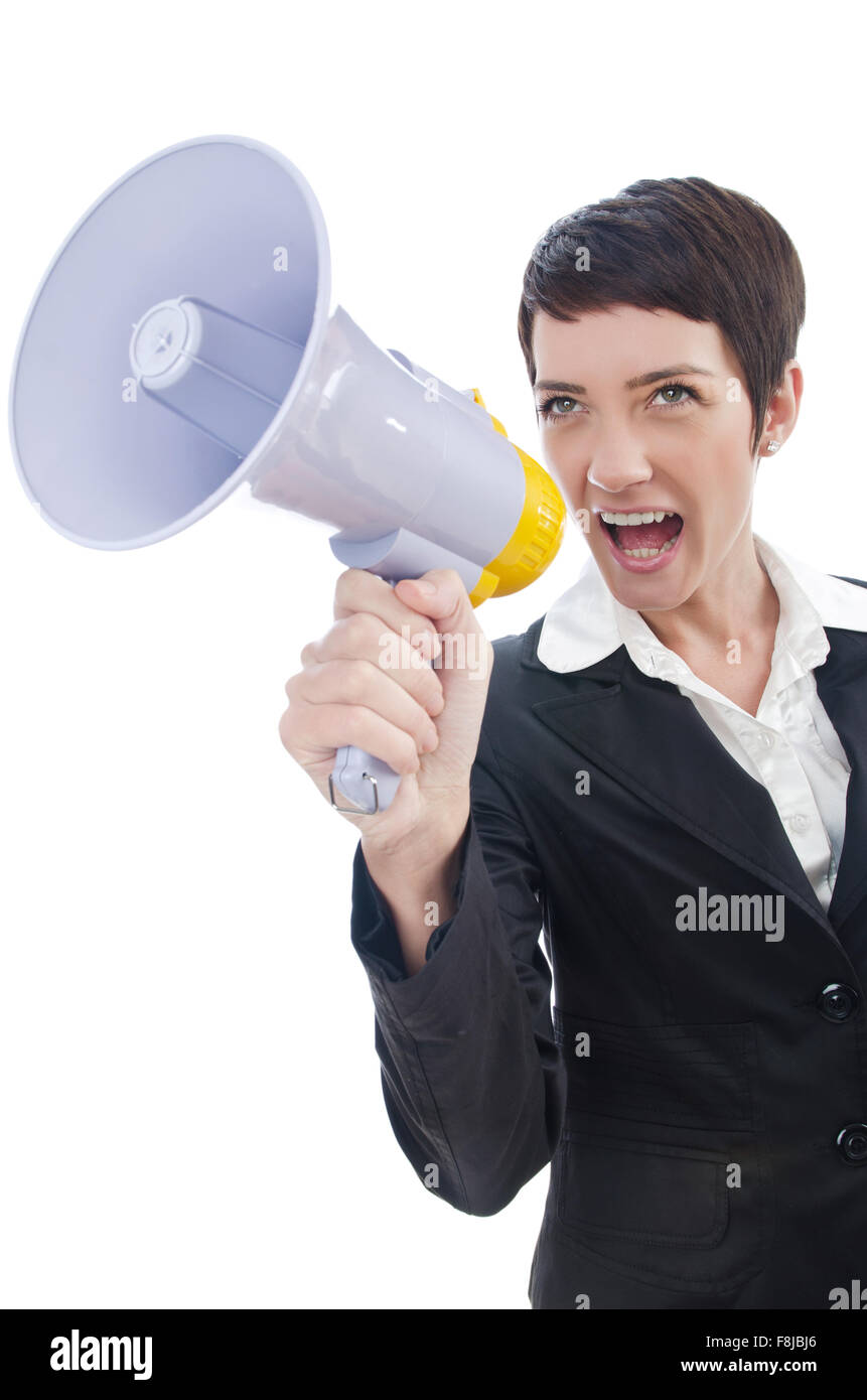 Young business lady screaming to loudspeaker Stock Photo - Alamy