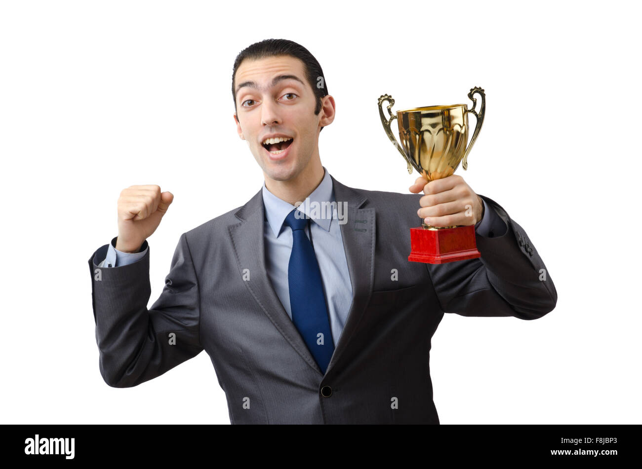 Man being awarded with golden cup Stock Photo - Alamy