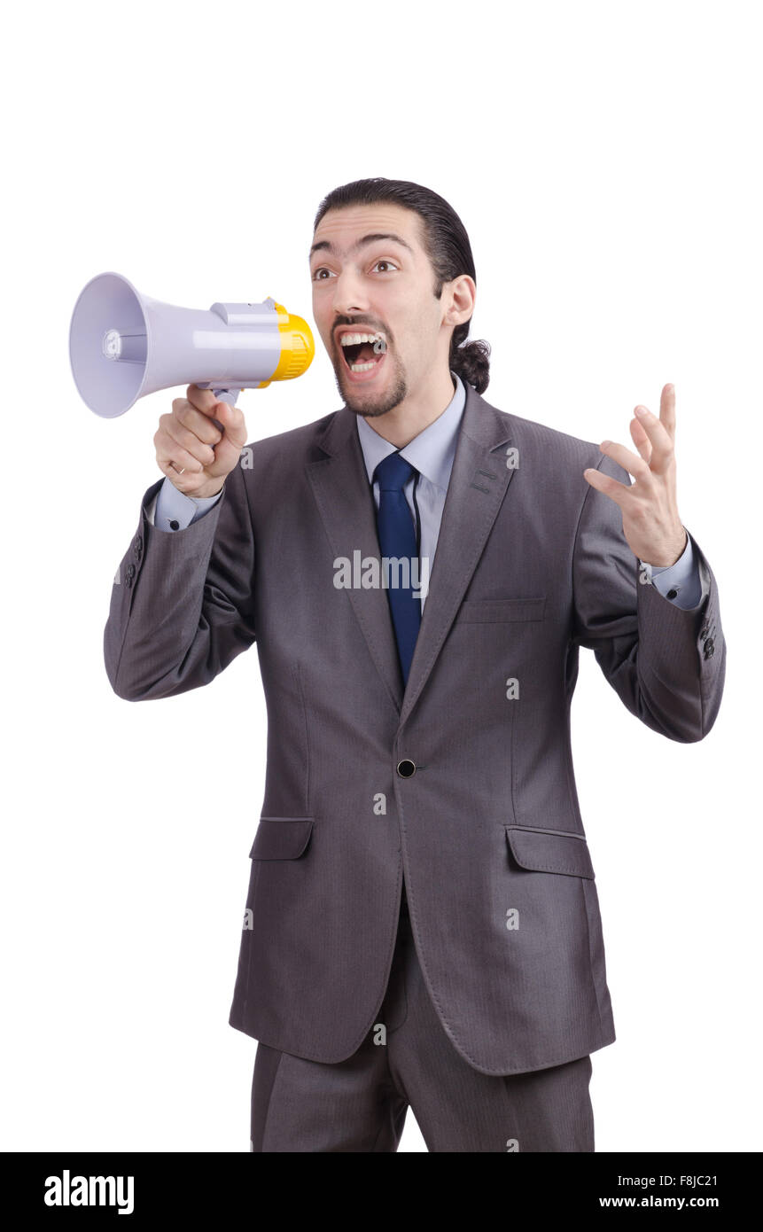 Man shouting and yelling with loudspeaker Stock Photo - Alamy